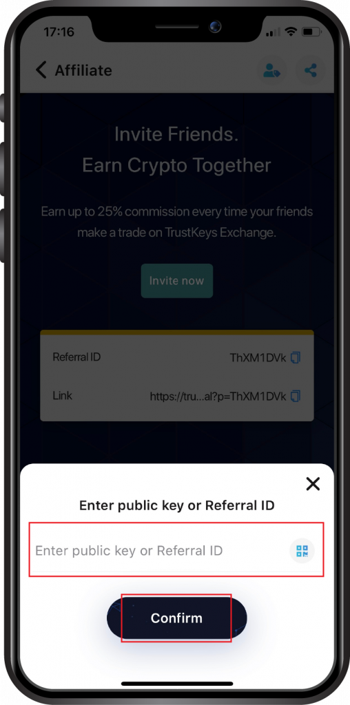 Instructions on how to get and enter the referral code - TrustKeys Network